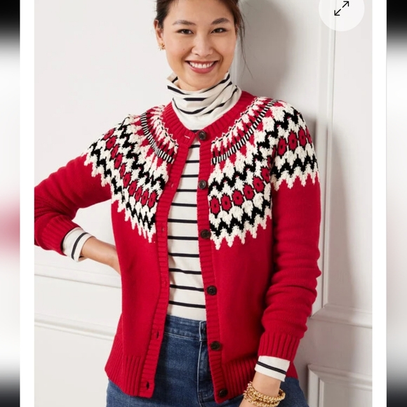 Talbots | Sweaters | Talbots Red And Black Fair Isle Cardigan Sweater ...